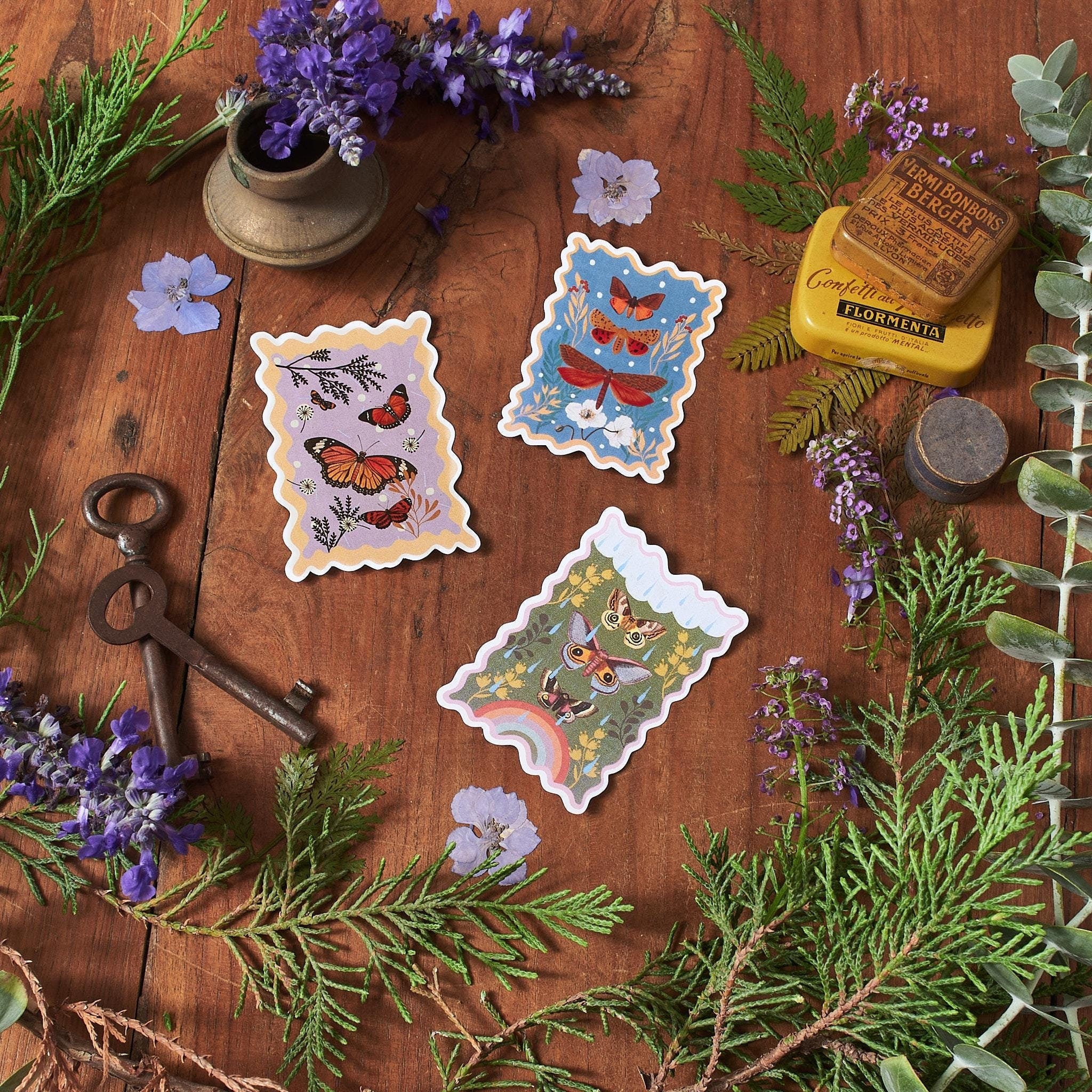 Moths Stamp stickers pack - Magical Moths flower stickers - Sticker pa ...